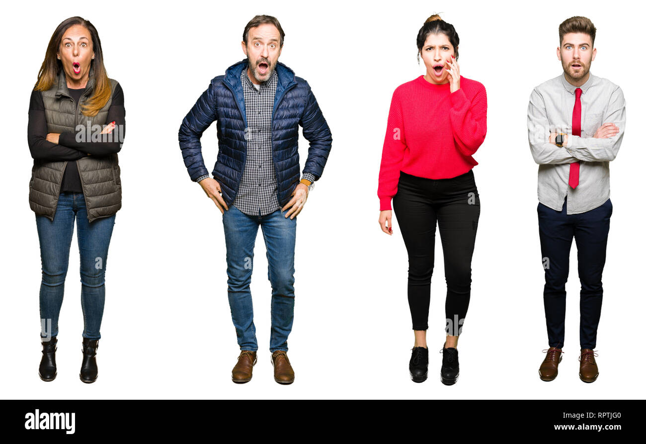 Collage of people over white isolated background afraid and shocked ...