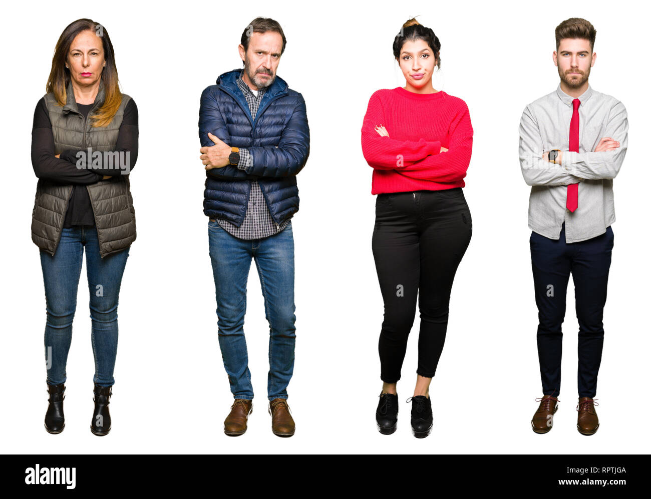 Collage of people over white isolated background skeptic and nervous ...
