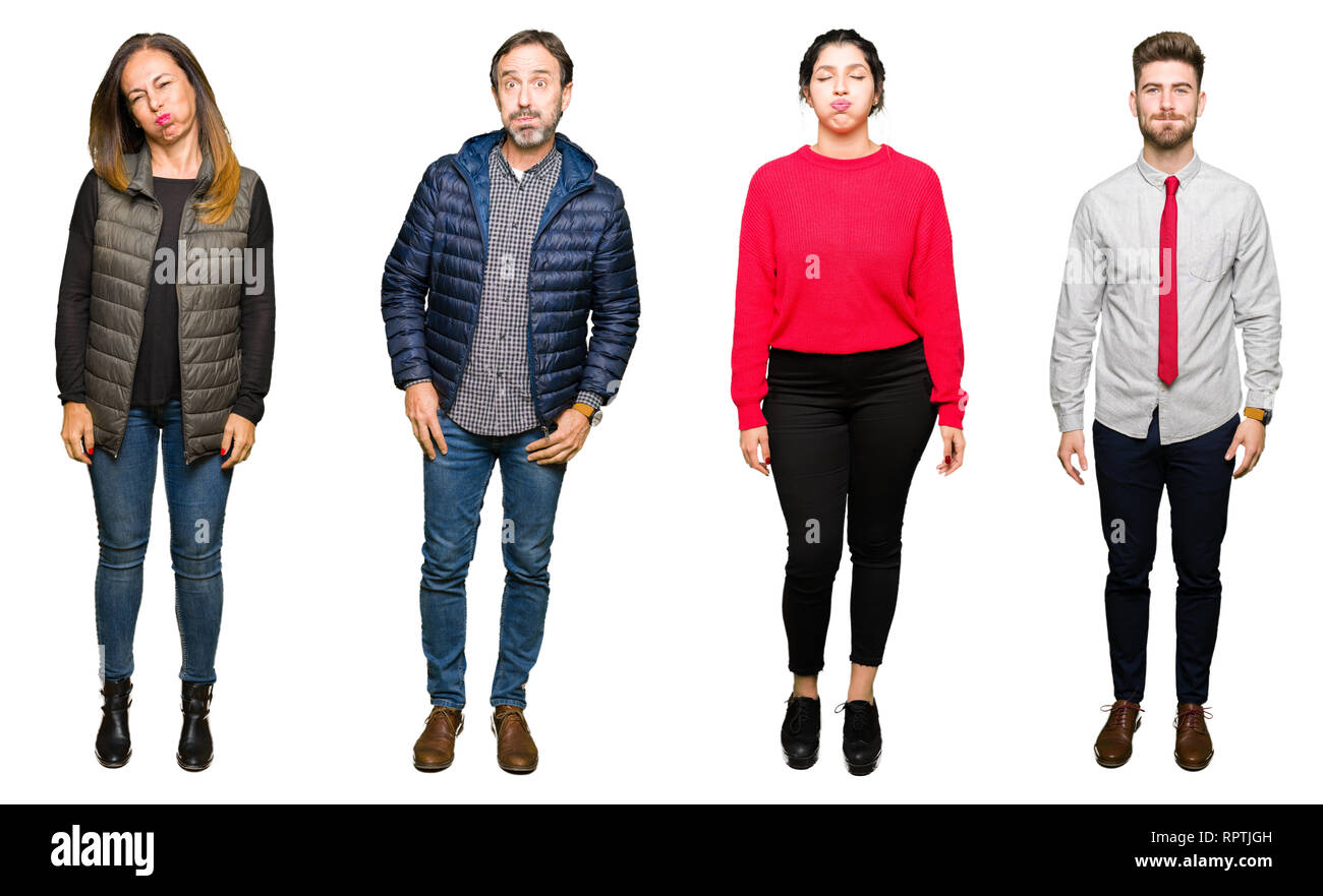 Collage of people over white isolated background puffing cheeks with ...