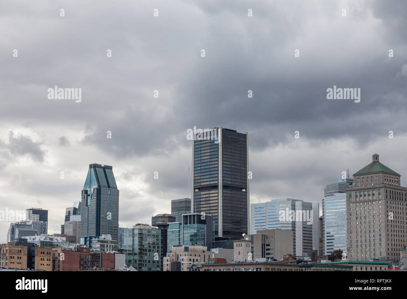 Montreal skyline, with the iconic buildings of the old Montreal (Vieux ...