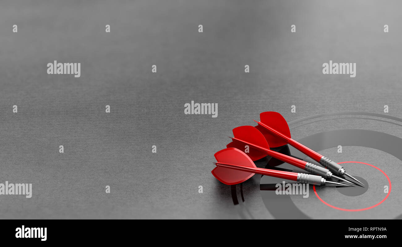 Three darts and business target over grey background and copyspace on ...