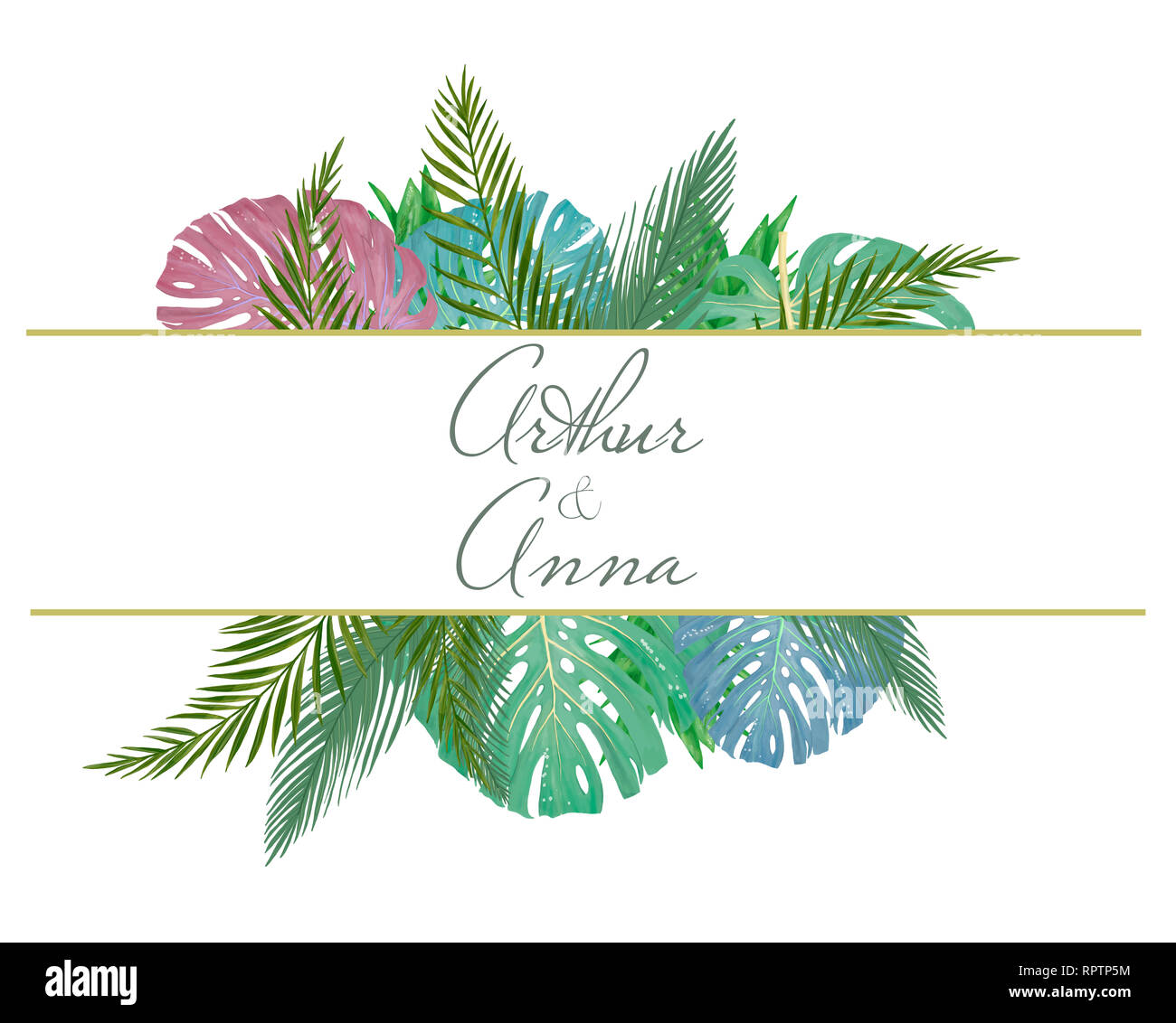 Tropical banner with green palm leaves on white background. Seasonal ...
