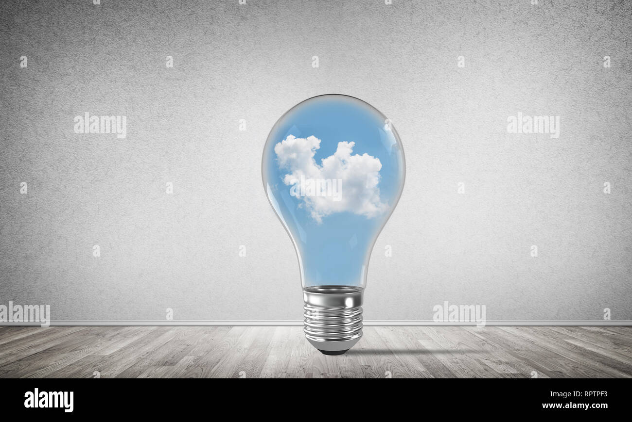 Glass lightbulb with clouds inside in empty room with grey wall on ...