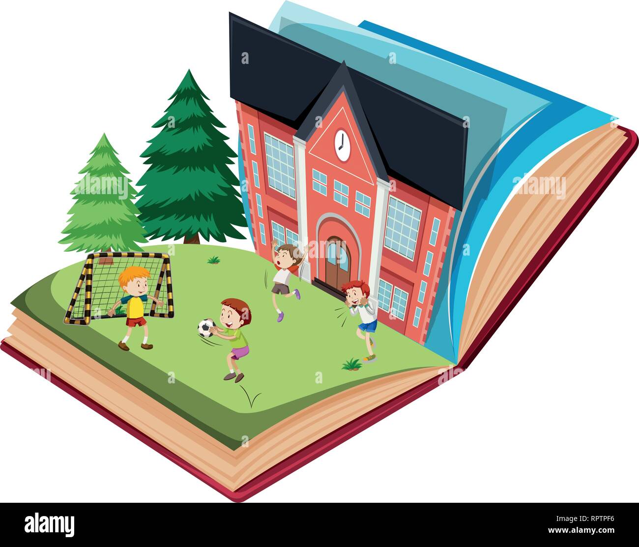 Children playing football on open book template illustration Stock ...