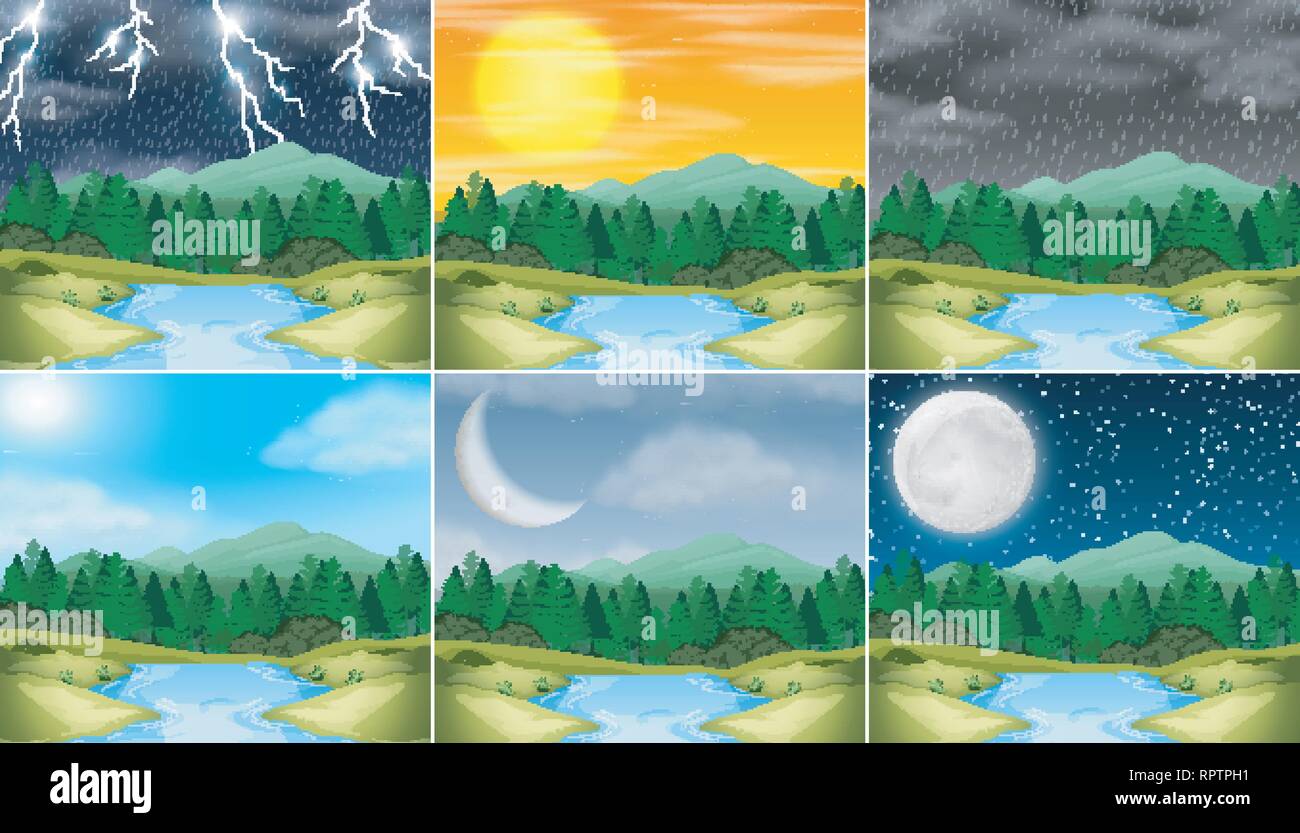 Set of nature landscape different weather illustration Stock Vector ...