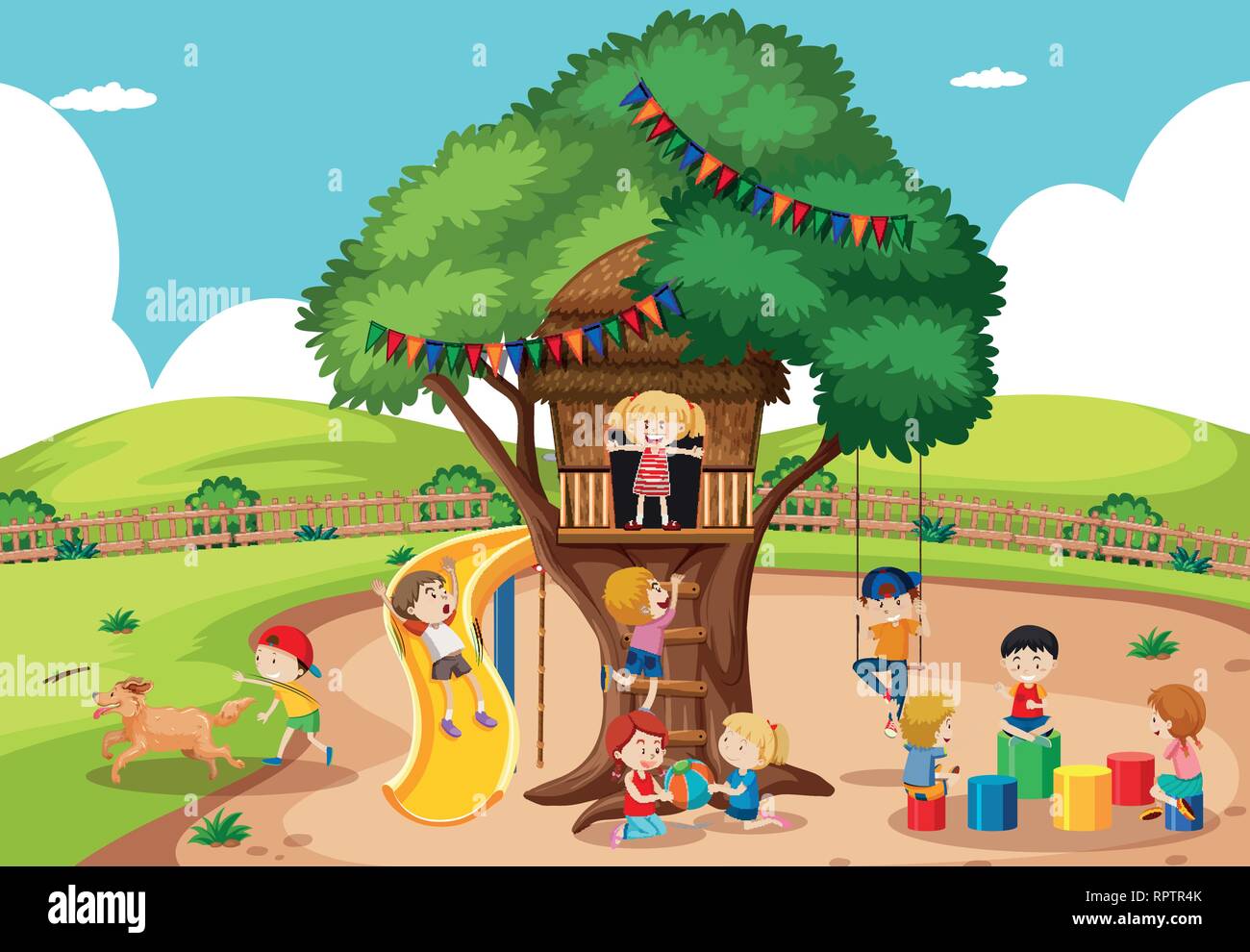 Children playing at tree house illustration Stock Vector Image & Art ...