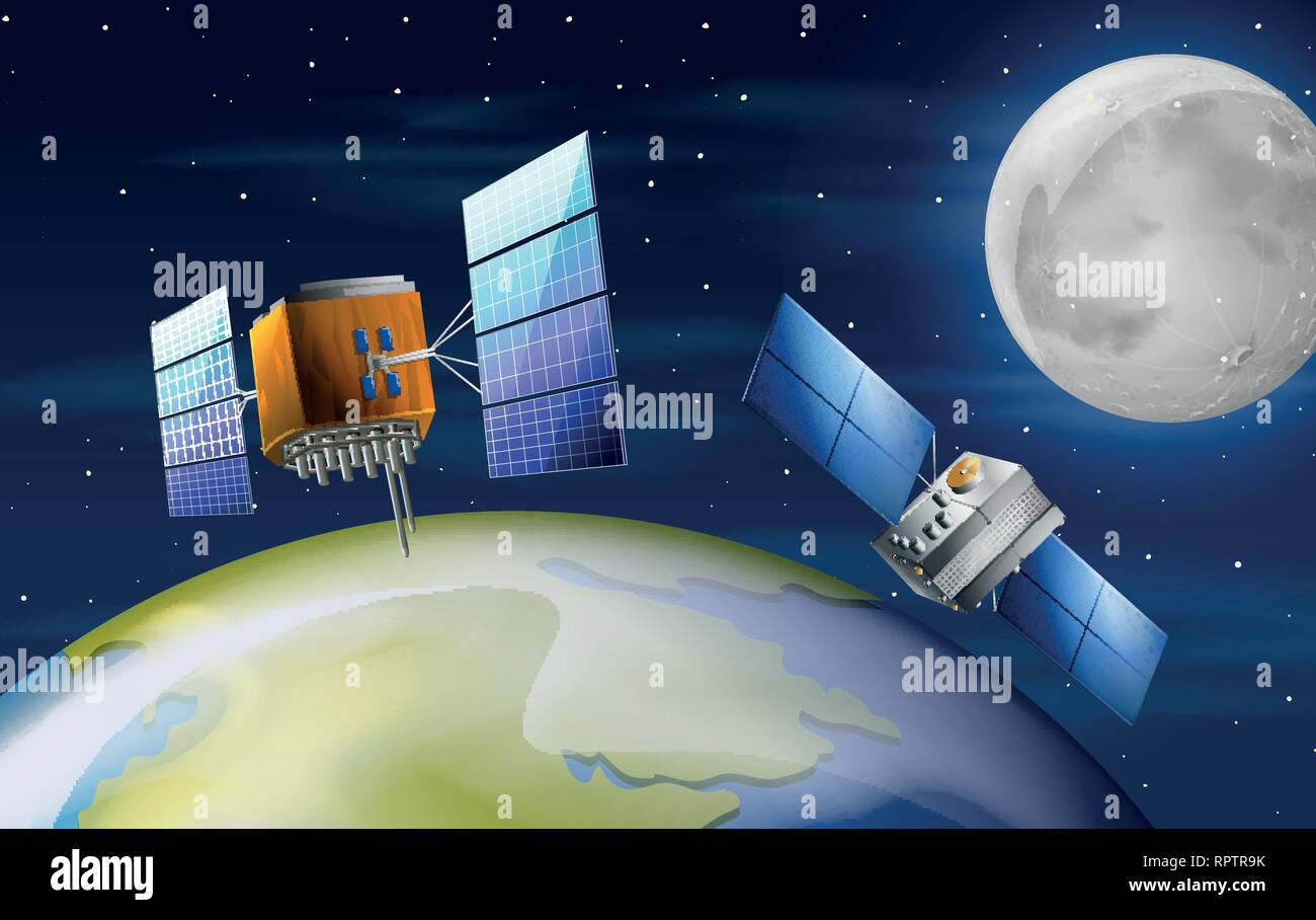 Satellites orbiting earth scene illustration Stock Vector Image & Art ...