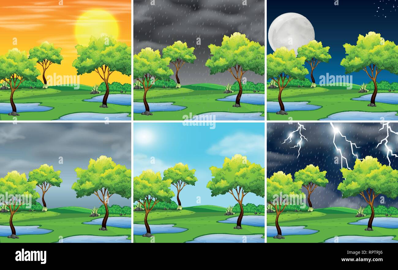 Set of nature landscape different weather illustration Stock Vector ...