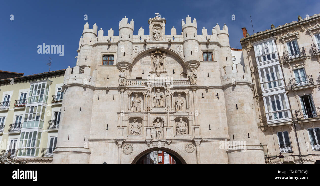 Panorama of the city gate at the Santa Maria bridge in Burgos, Spain ...