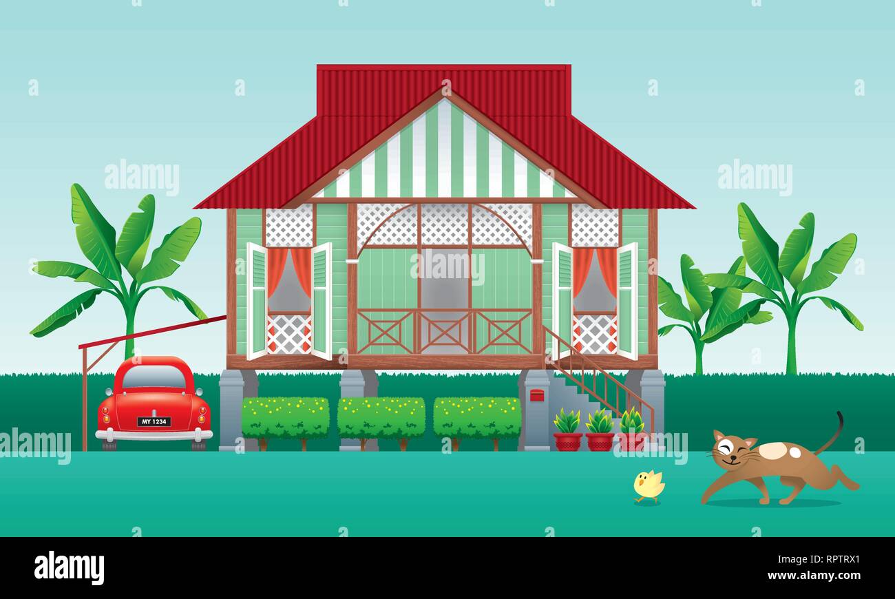 A beautiful traditional wooden Malay style village house. With an ...