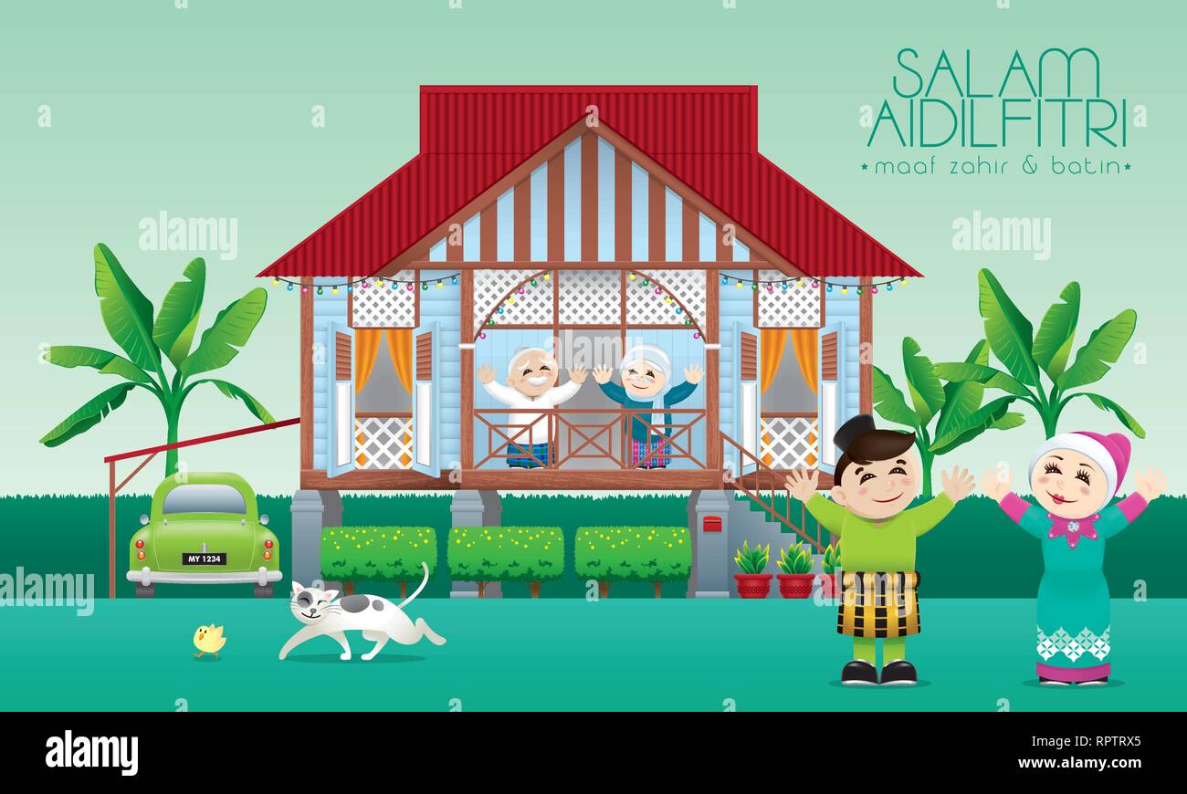 A Muslim family celebrating Raya festival in their traditional Malay ...