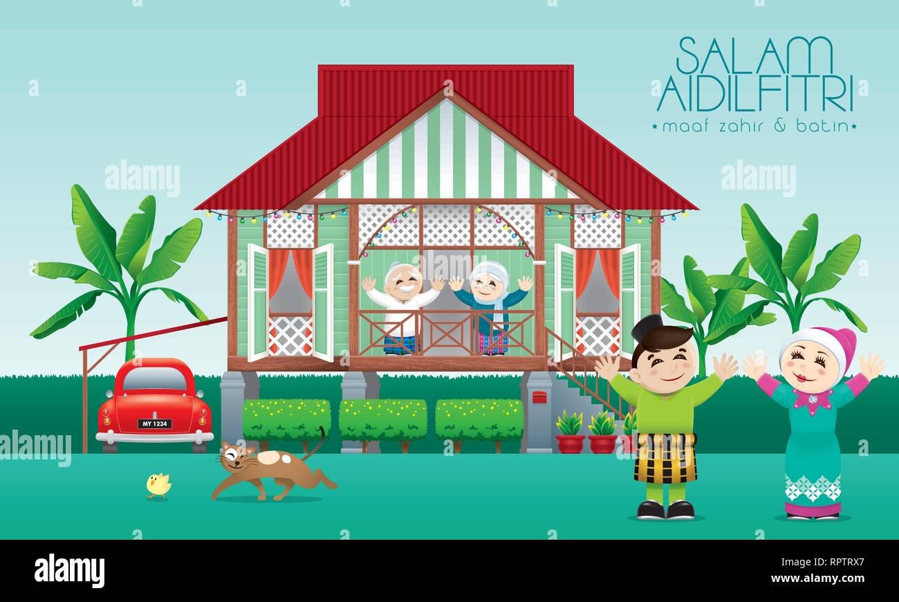 A Muslim family celebrating Raya festival in their traditional Malay ...