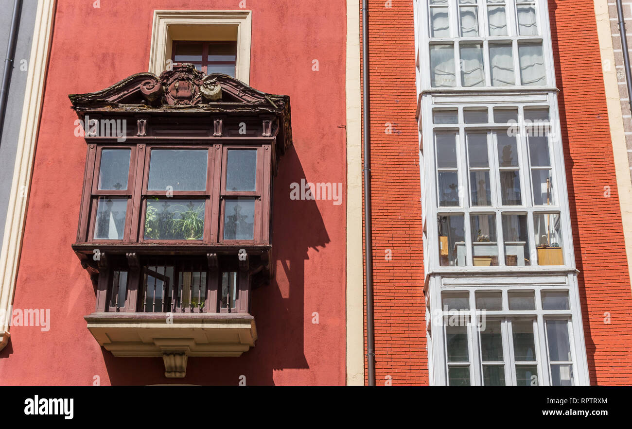 Traditional wooden bay window in the center of Burgos, Spain Stock ...