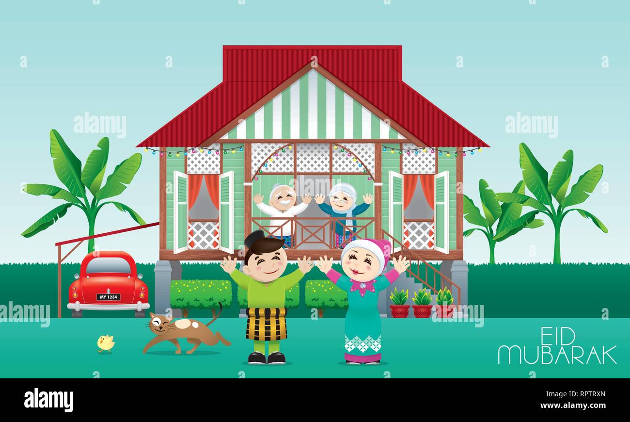 A Muslim family celebrating Raya festival in their traditional Malay ...