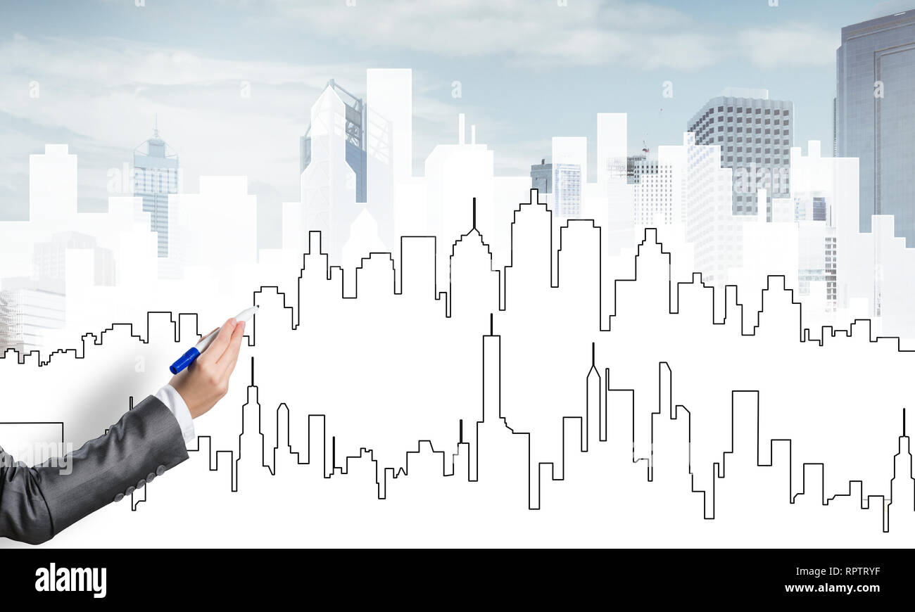 Hand of woman designer drawing with marker construction project Stock ...