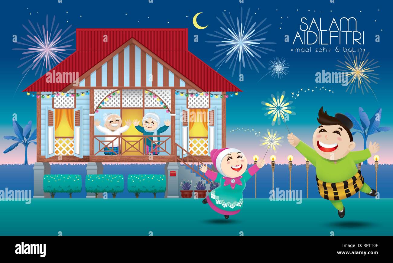 A Muslim family celebrating Raya festival in their traditional Malay ...