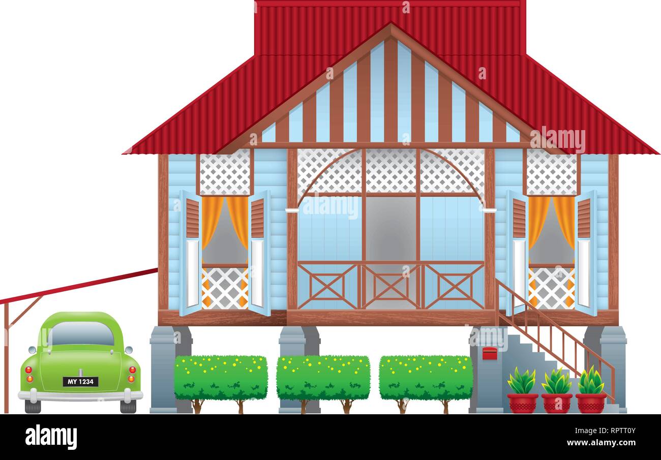 A beautiful traditional wooden Malay style village house. With an ...