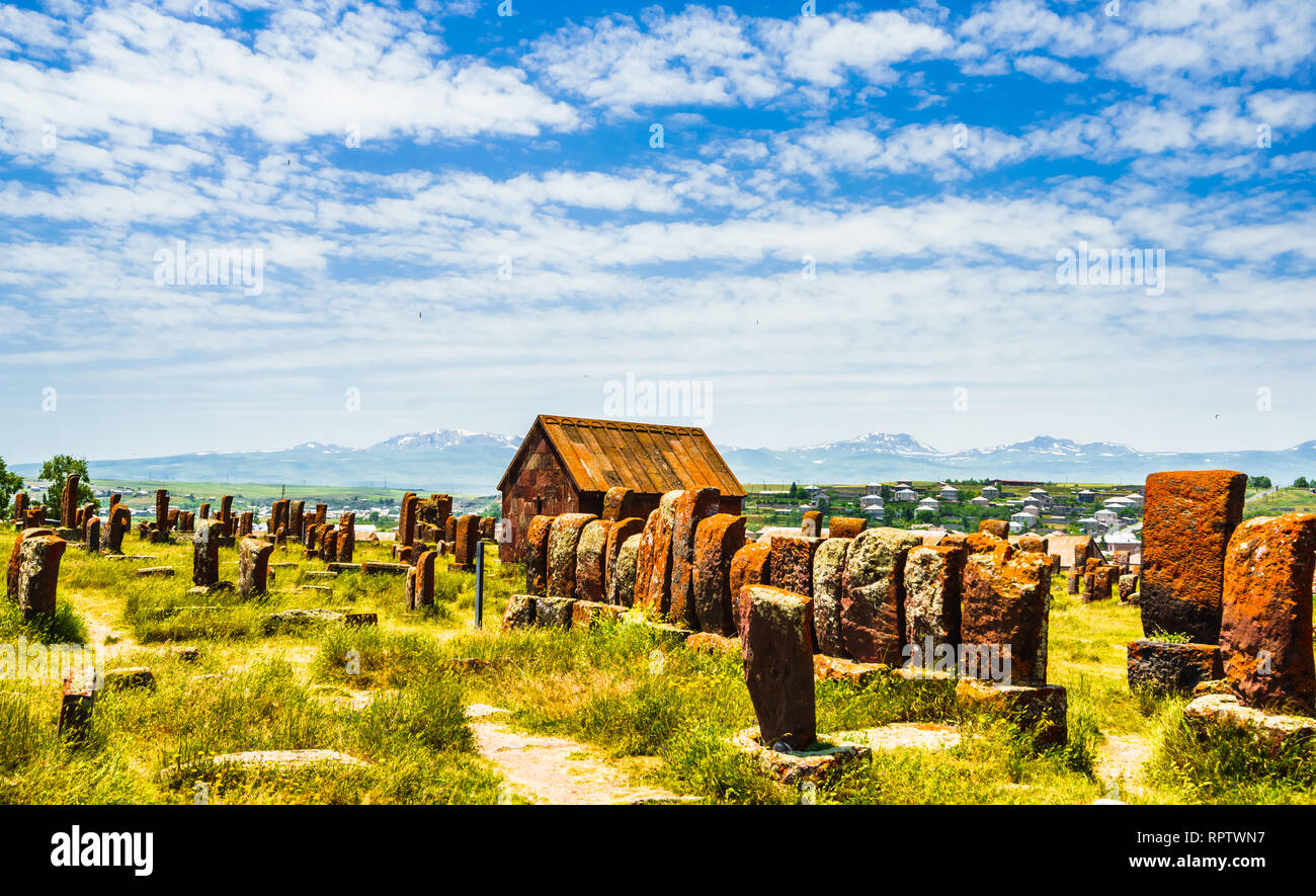 Ancient tombstones on cemetery of Noratus in Armenia, near the Lake ...