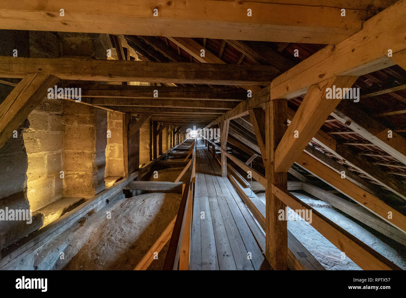 Wooden structures (rafters and beams) of the attic of an old house ...
