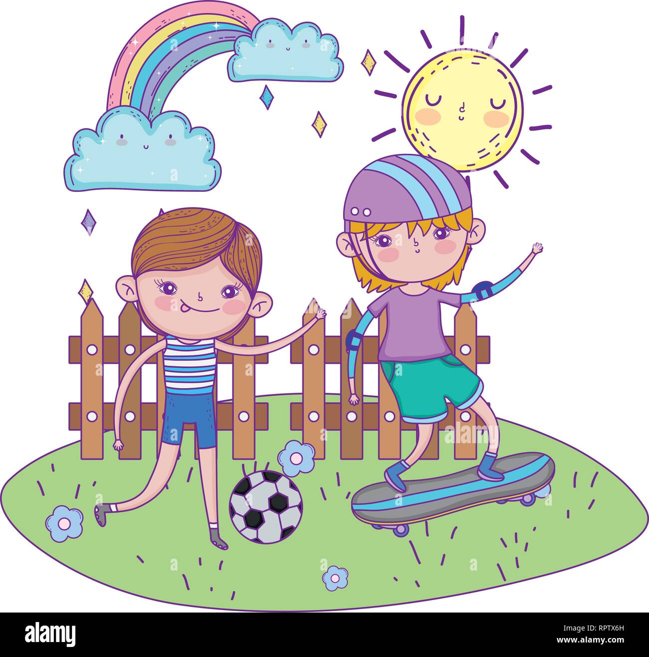 Children playing football in field Stock Vector Images - Alamy