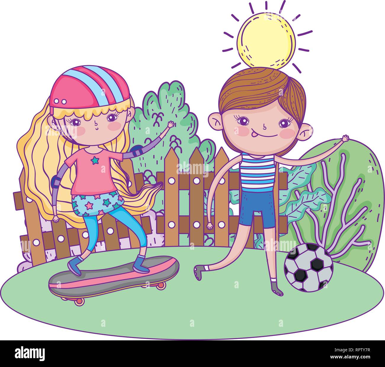 cute little kids in skateboard and playing soccer Stock Vector Image ...