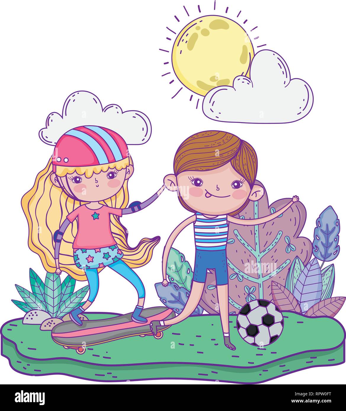 cute little kids in skateboard and playing soccer Stock Vector Image ...