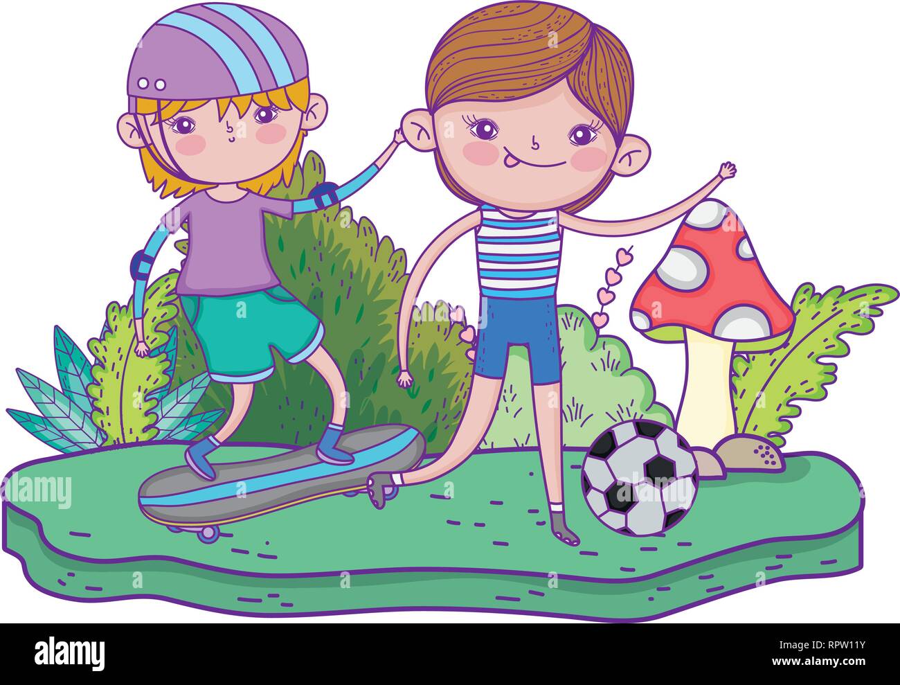 cute little boys mounted in skateboard and playing soccer Stock Vector ...