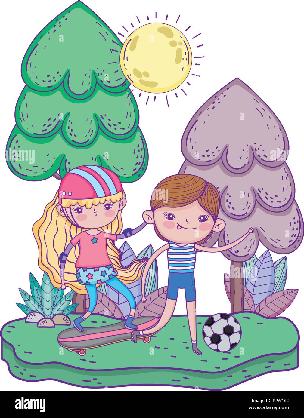 cute little kids in skateboard and playing soccer Stock Vector Image ...