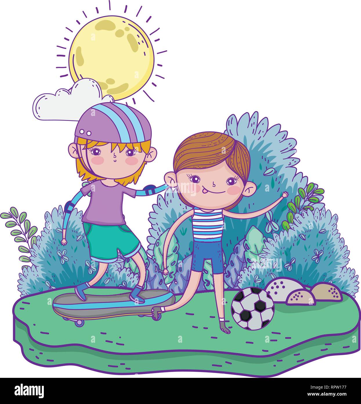 Children playing football in field Stock Vector Images - Alamy