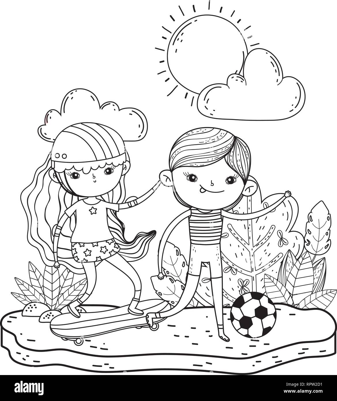 cute little kids in skateboard and playing soccer Stock Vector Image ...