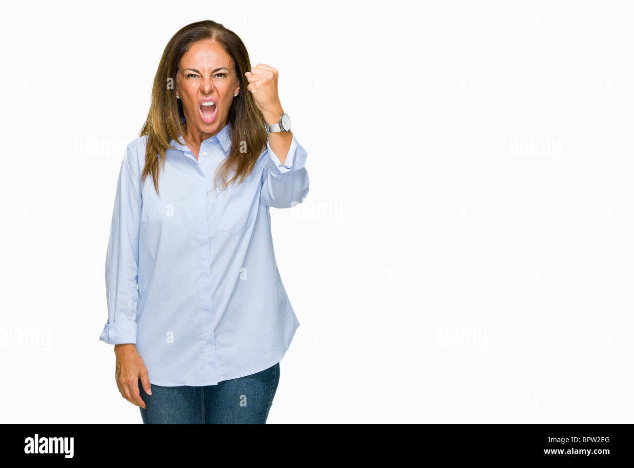 Beautiful middle age business adult woman over isolated background ...