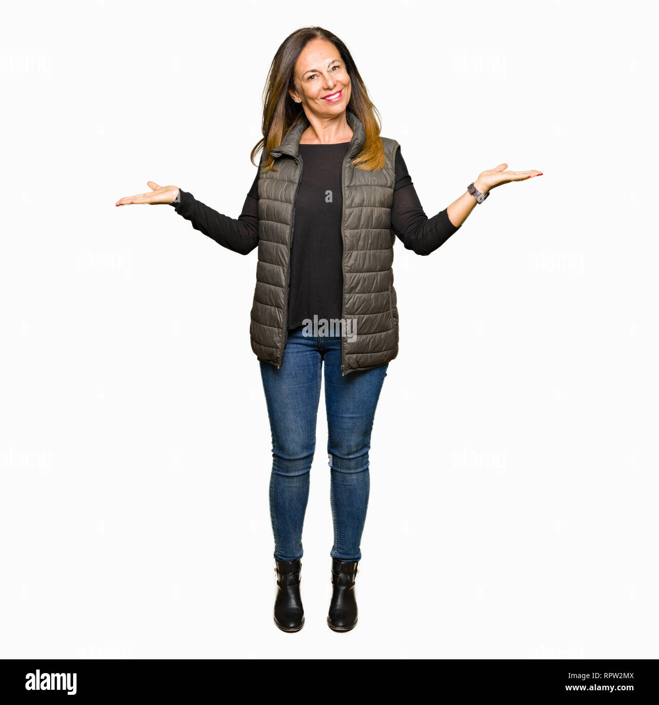 Woman smiling hands open palm Cut Out Stock Images & Pictures - Alamy