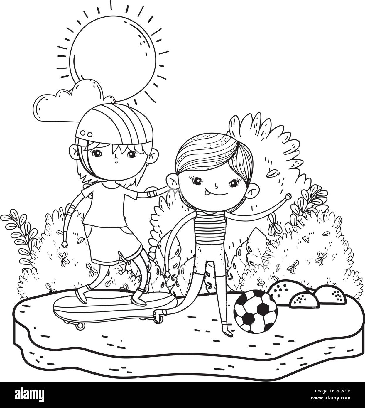 Children playing football in field Stock Vector Images - Alamy