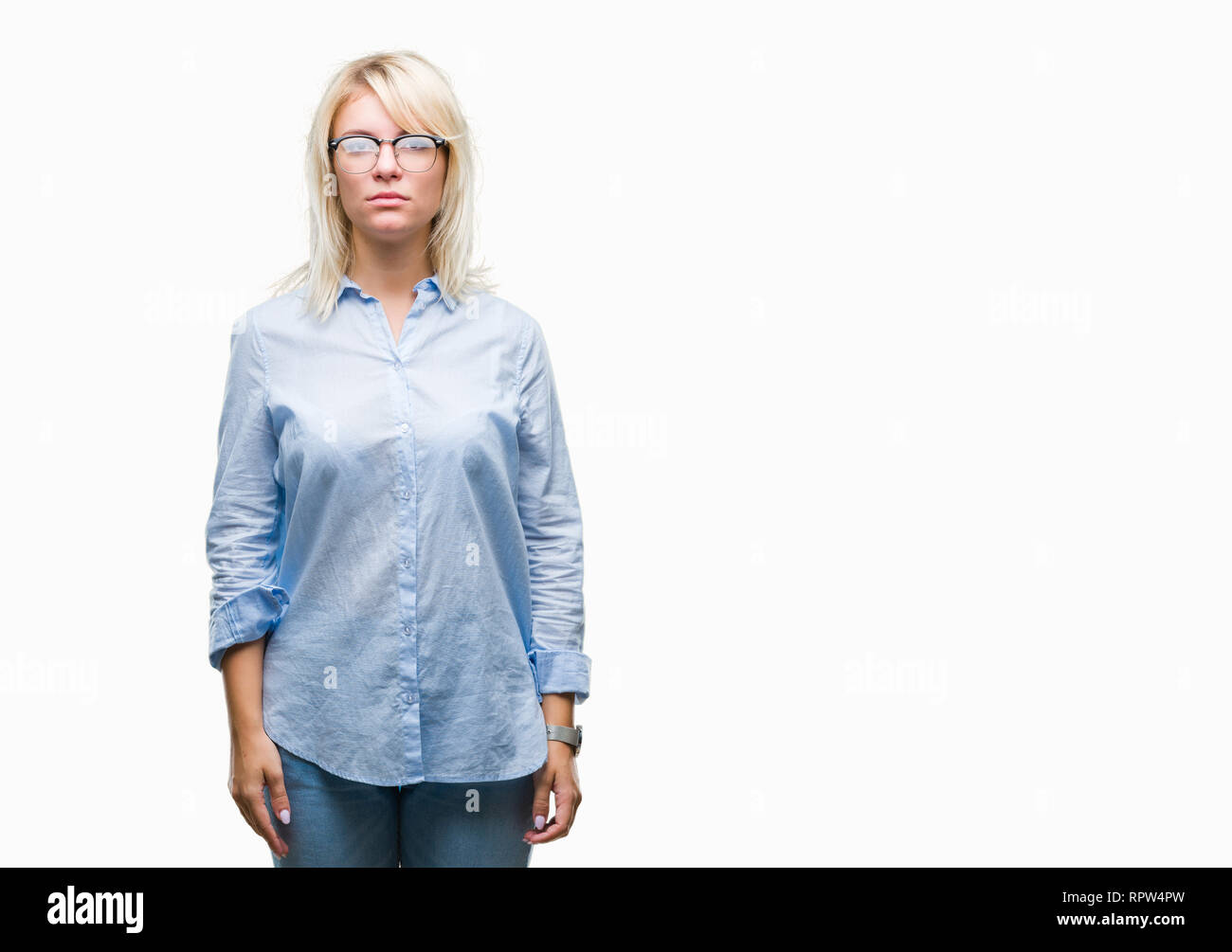 Young beautiful blonde business woman wearing glasses over isolated ...