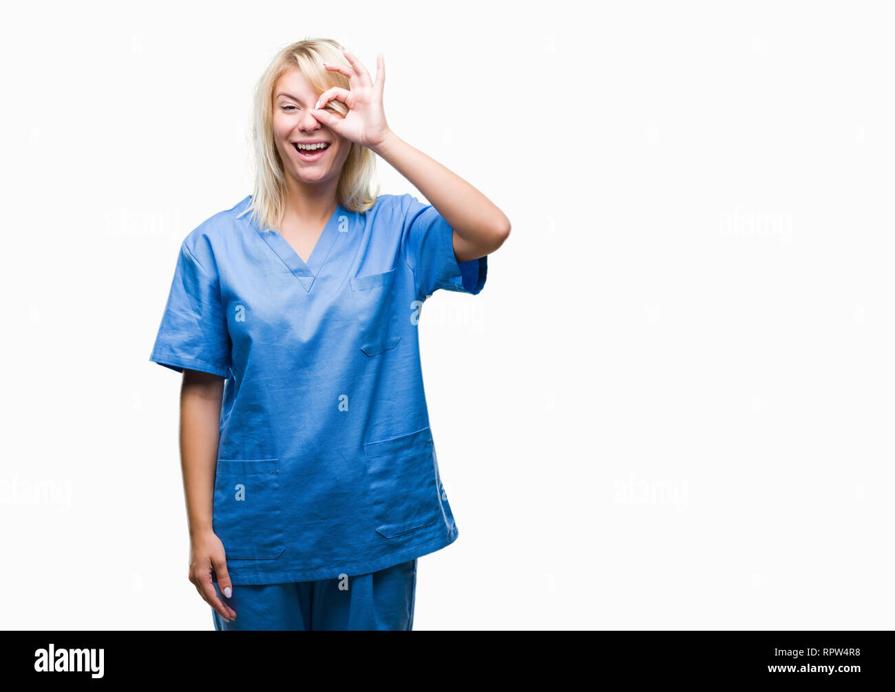 Young beautiful blonde nurse doctor woman over isolated background ...