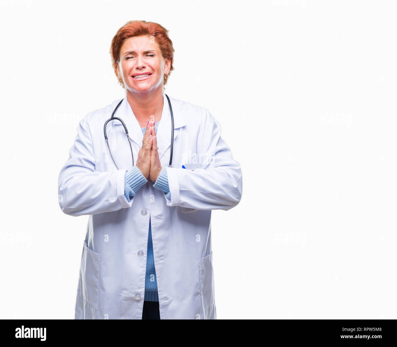 Senior caucasian doctor woman wearing medical uniform over isolated ...
