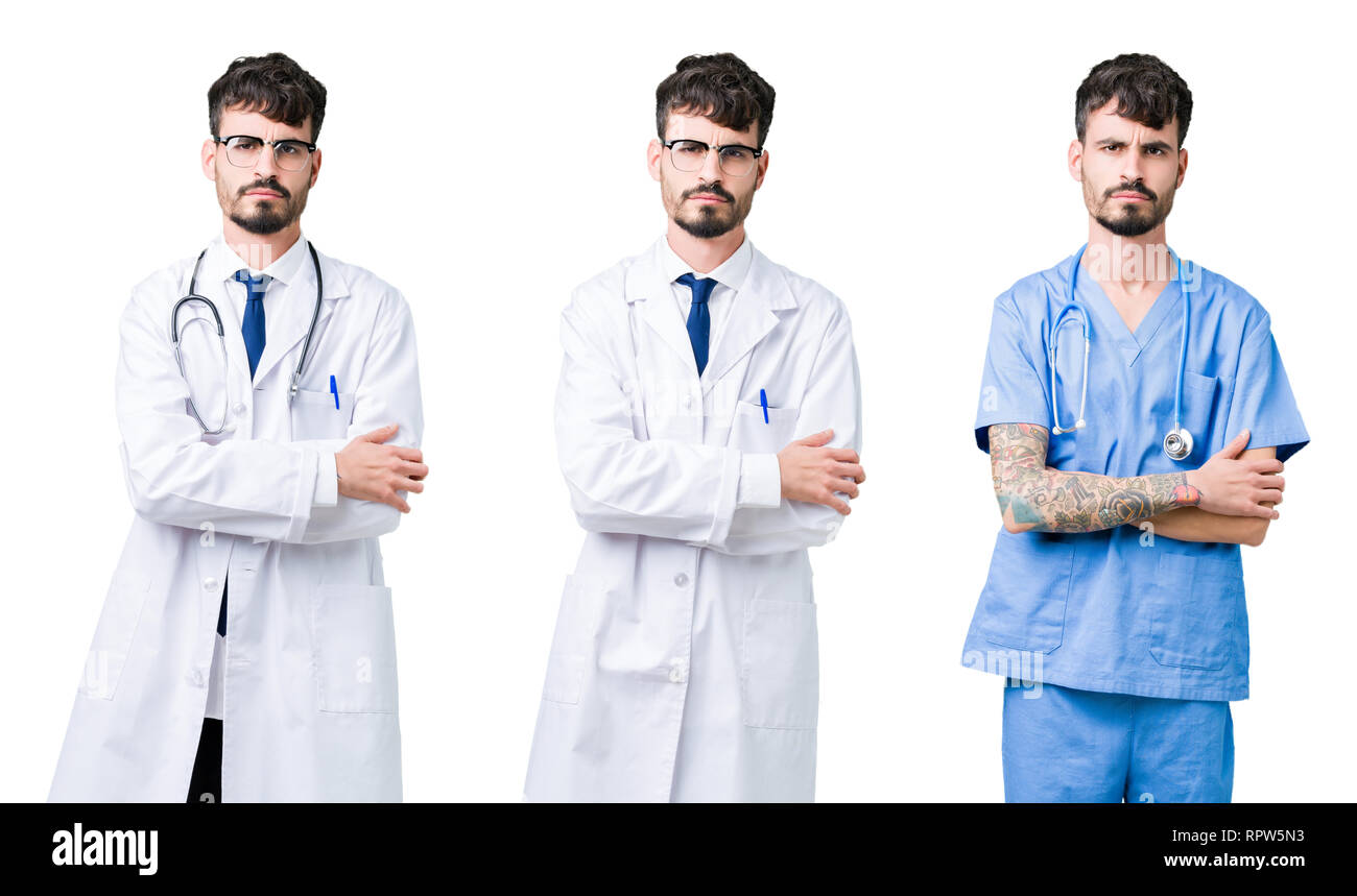 Collage of doctor man wearing medical coat over isolated background ...