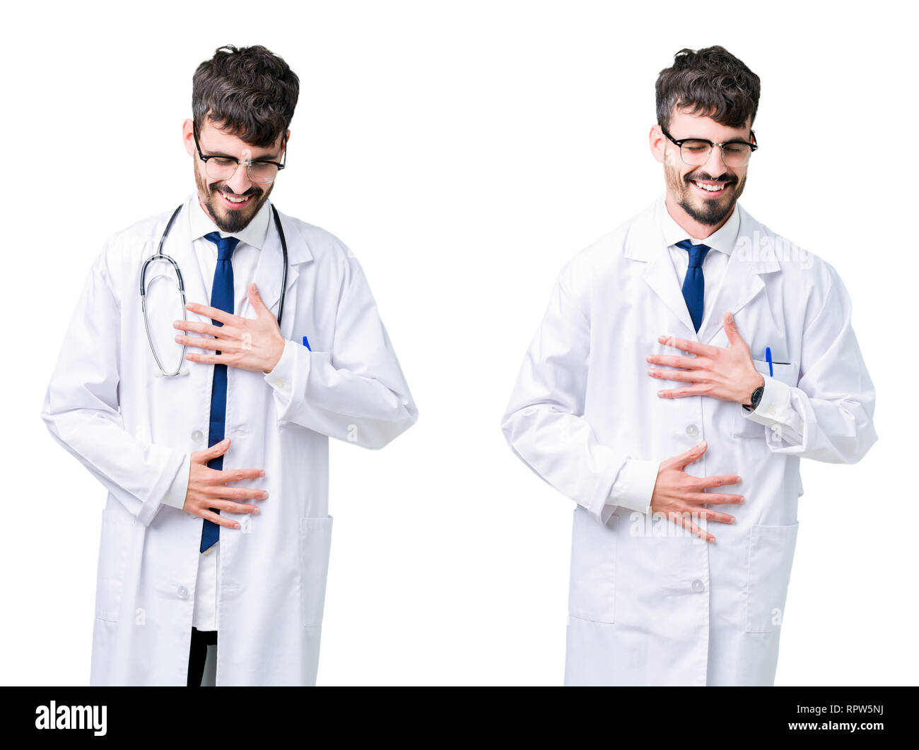 Collage of young doctor man wearing medical coat Smiling and laughing ...