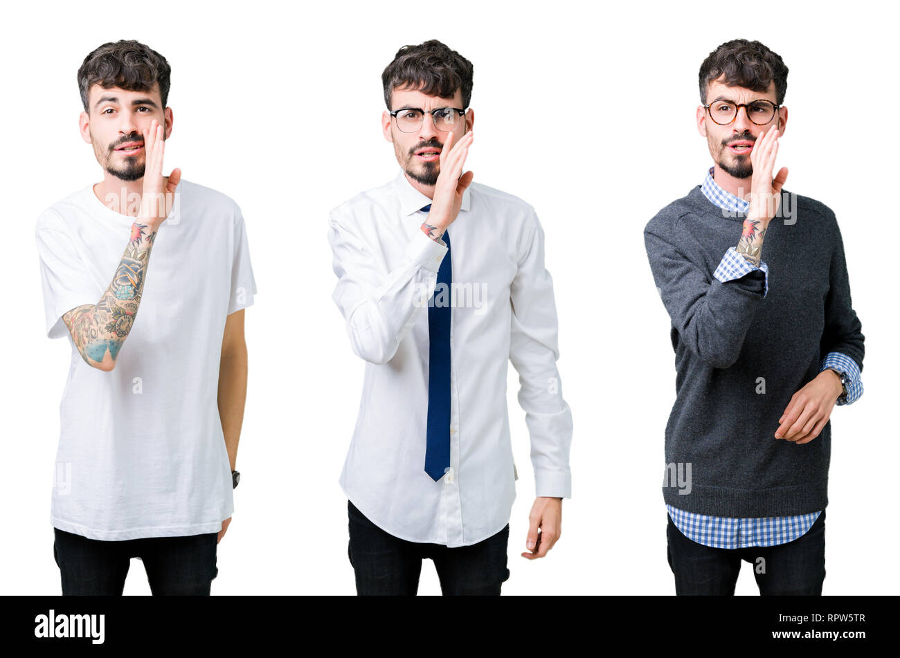 Collage of young man over isolated background hand on mouth telling ...