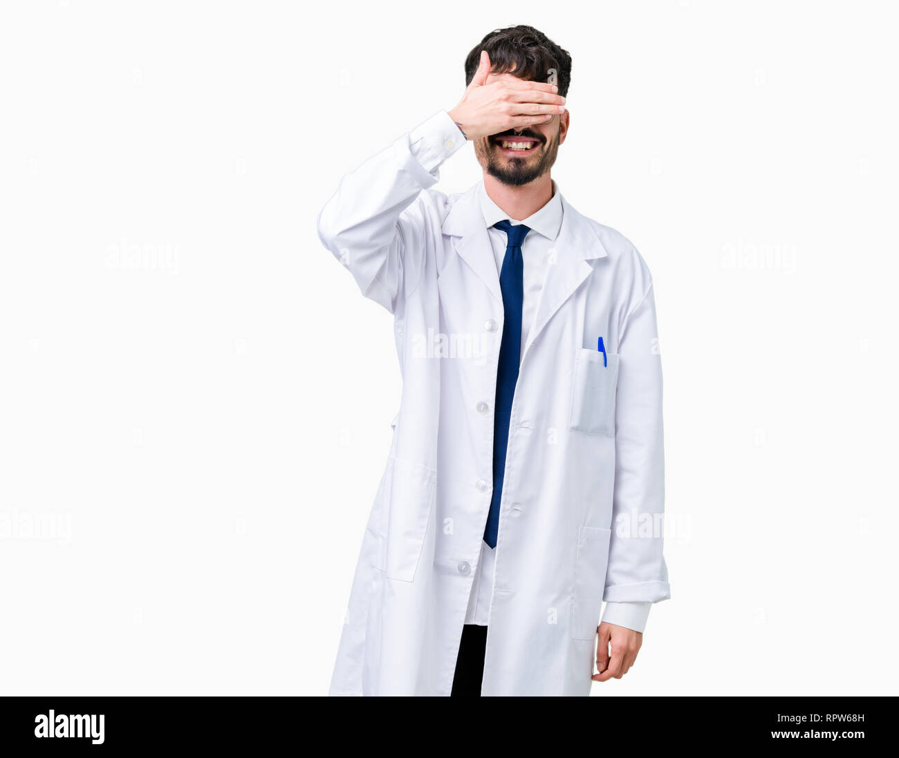 Young professional scientist man wearing white coat over isolated ...
