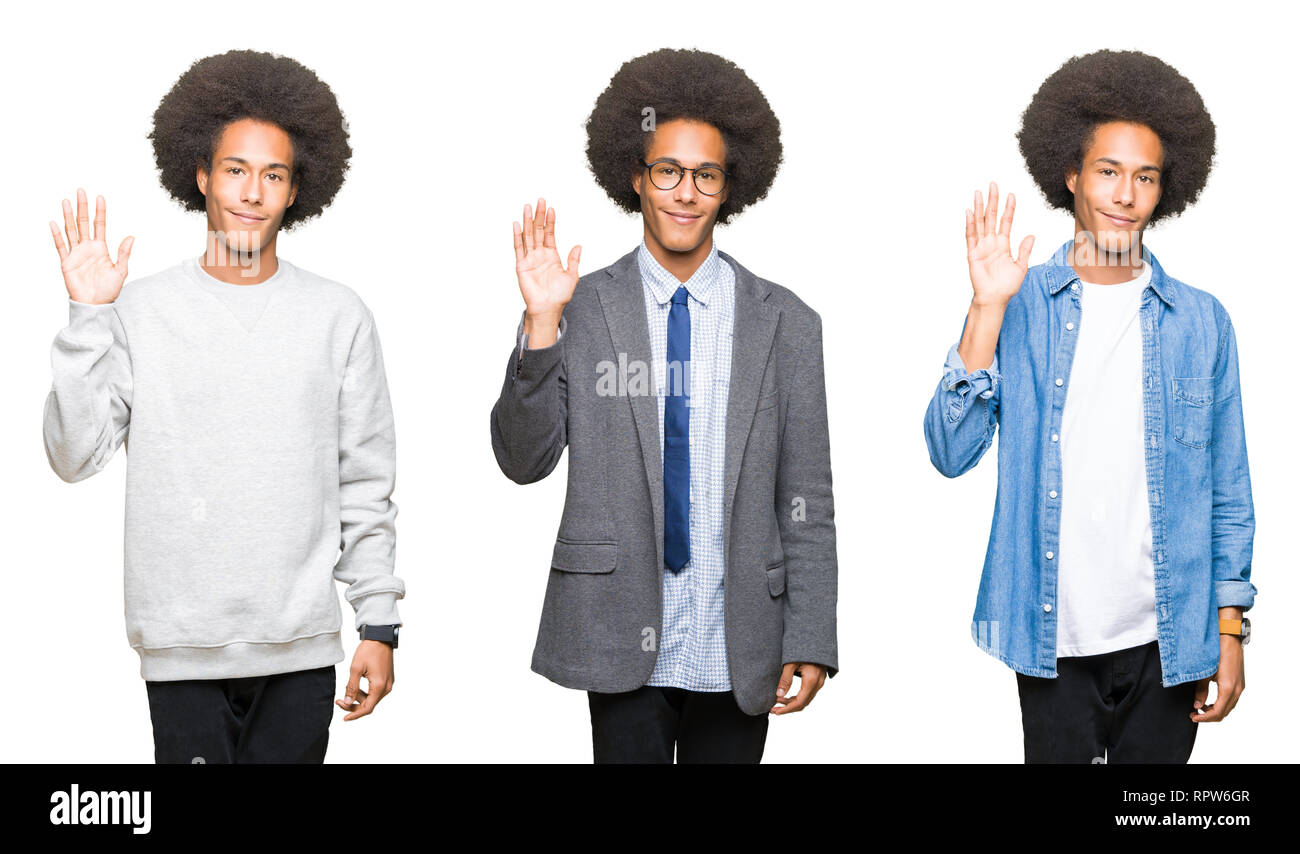 Collage of young man with afro hair over white isolated background ...
