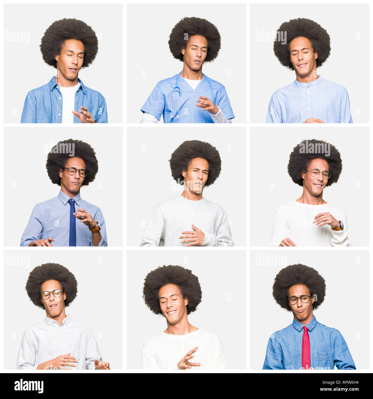 Collage of young man with afro hair over white isolated background ...