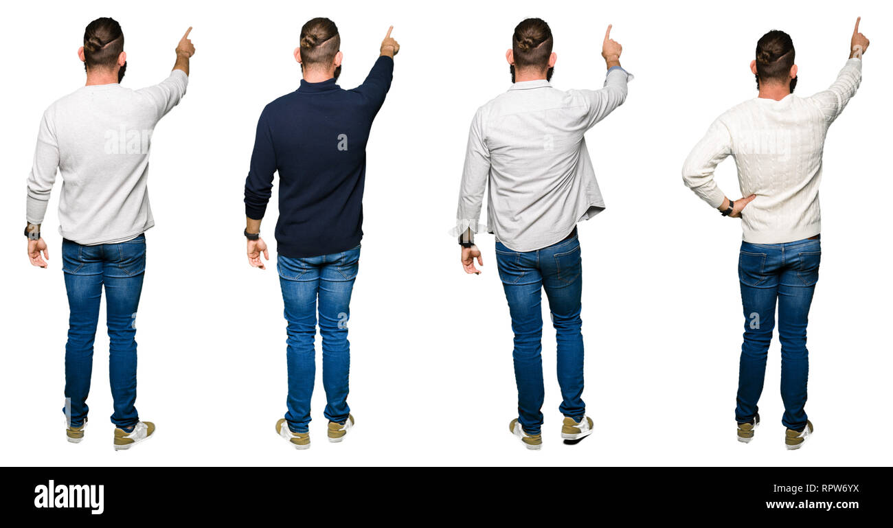 Collage of young man with bun over white isolated background Posing ...