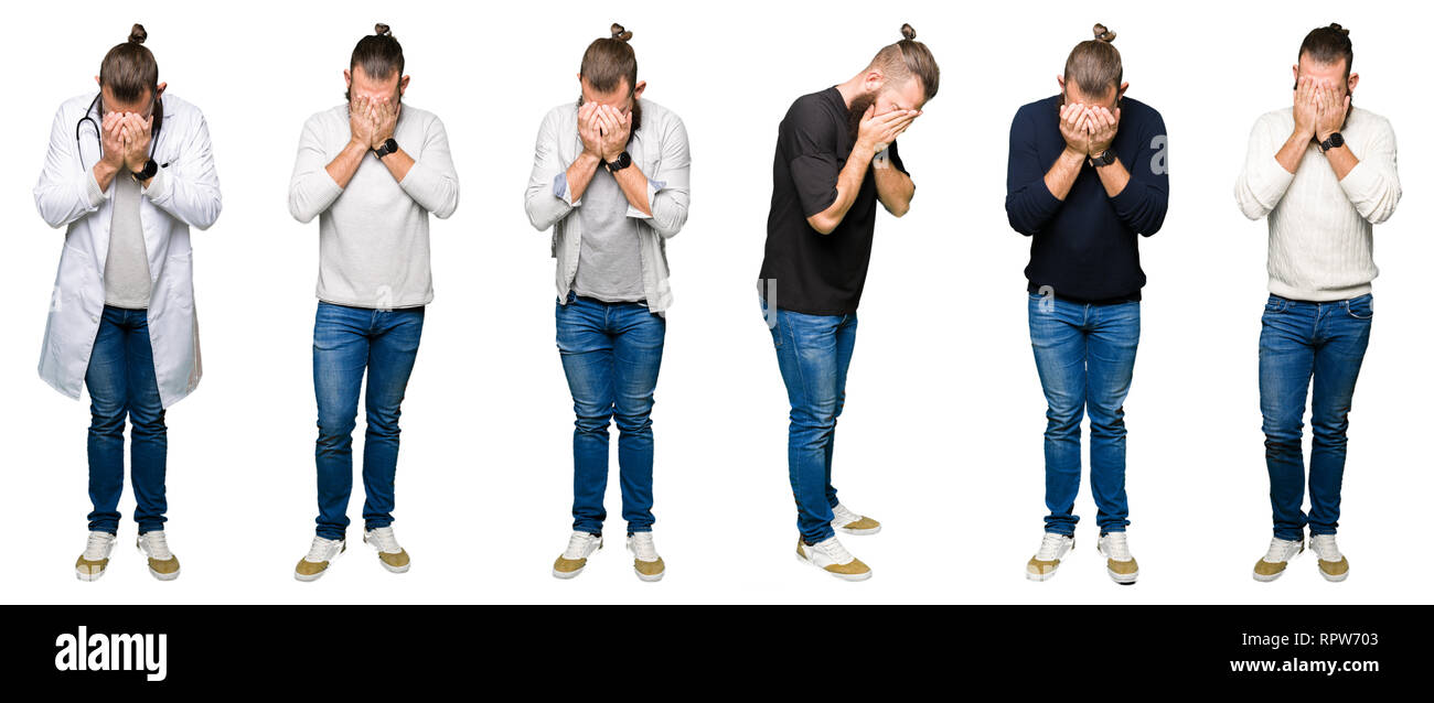 Collage of young man with bun over white isolated background with sad ...