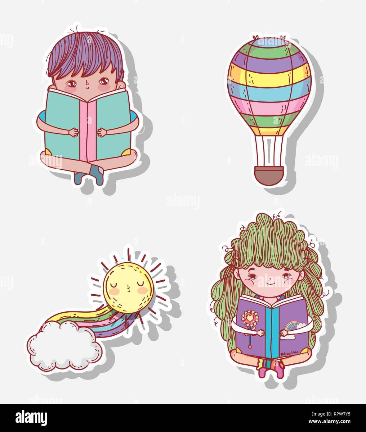set boy and girl read book with air balloon Stock Vector Image & Art ...