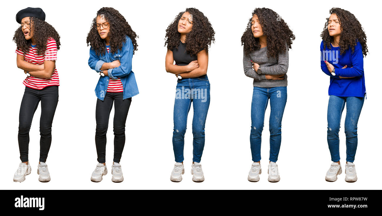 Collage of beautiful young woman with curly hair over white isolated ...
