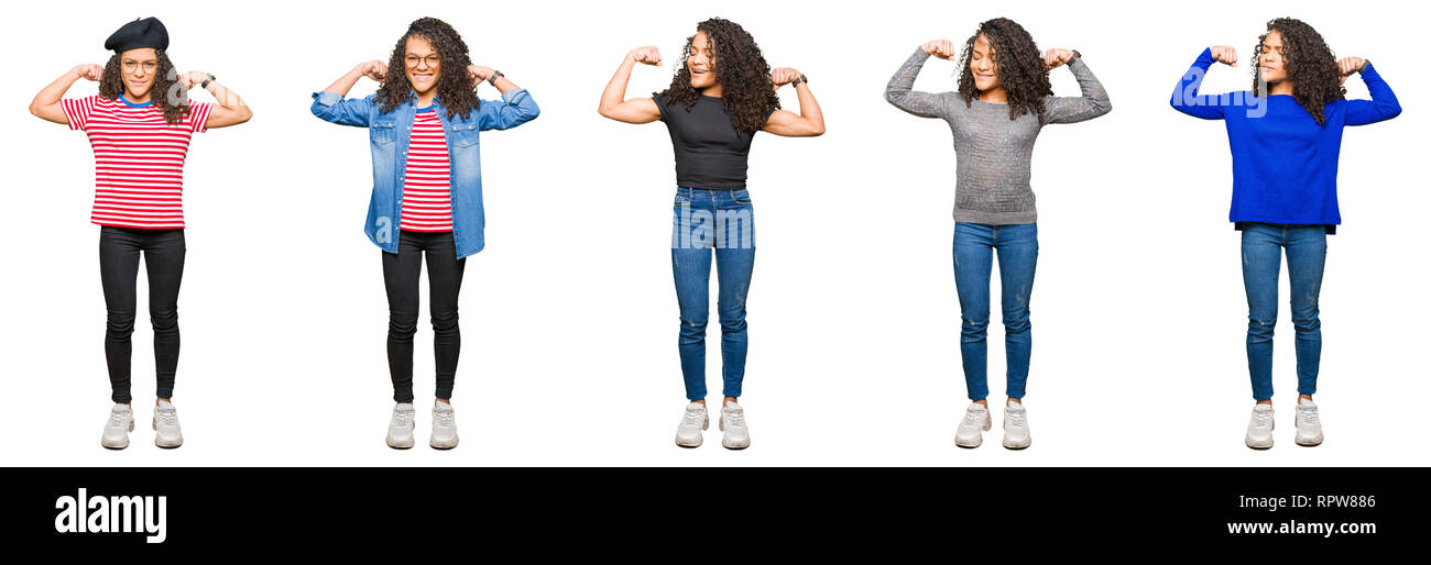 Collage of beautiful young woman with curly hair over white isolated ...