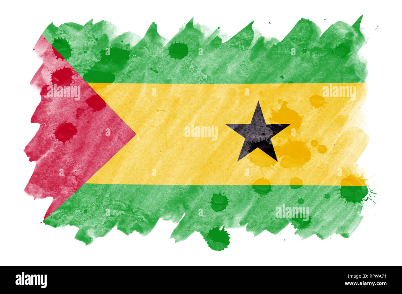 Sao Tome and Principe flag is depicted in liquid watercolor style ...