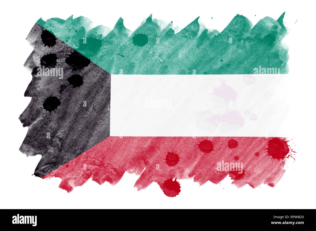 Kuwait flag is depicted in liquid watercolor style isolated on white ...