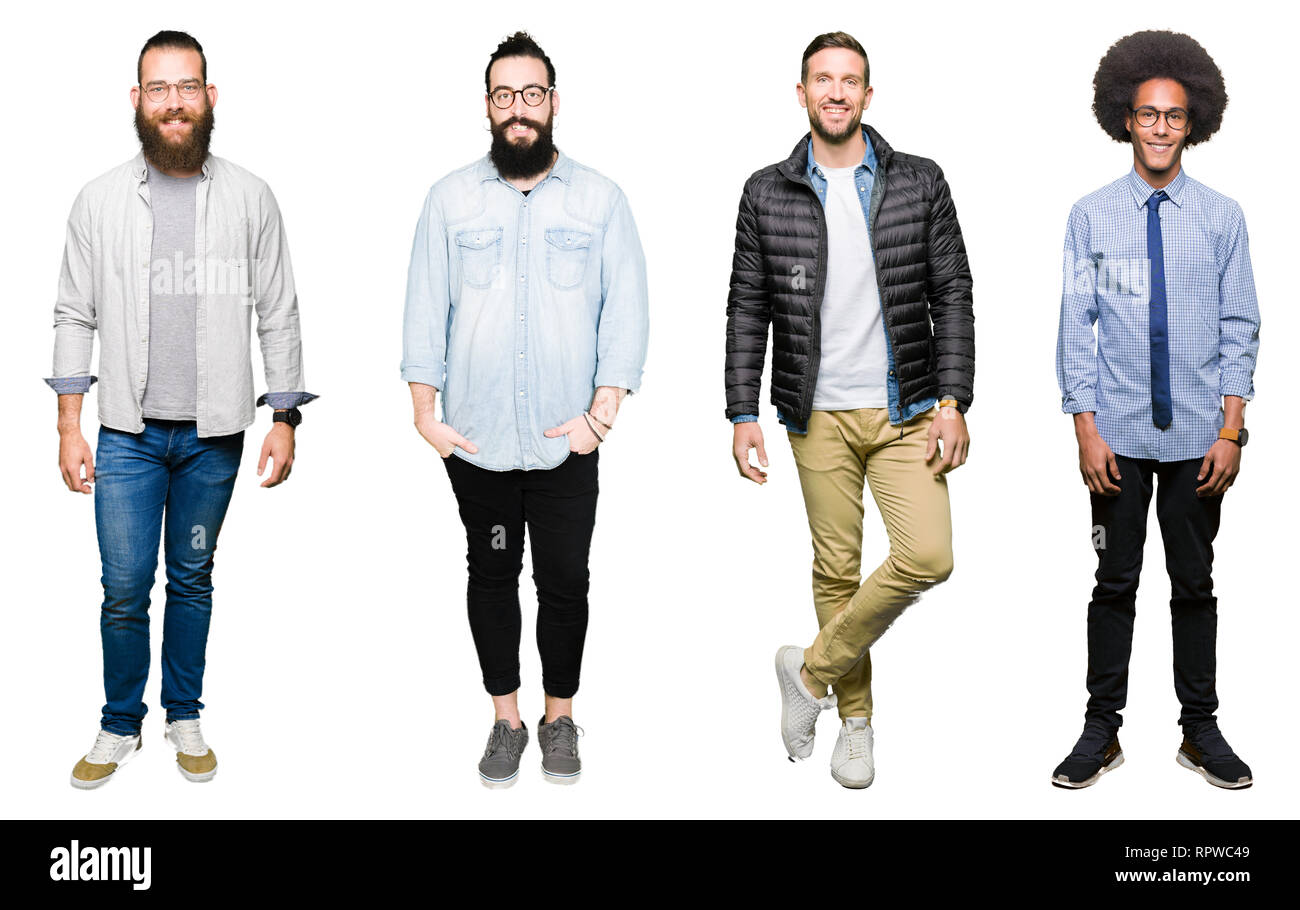 Collage of group of young men over white isolated background with a ...
